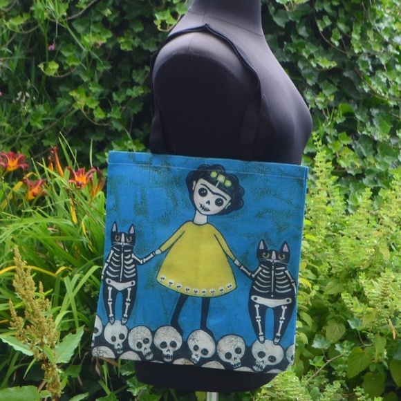 Bags | Nwt Cat Girl Skeleton Art Canvas Tote Bag | Poshmark